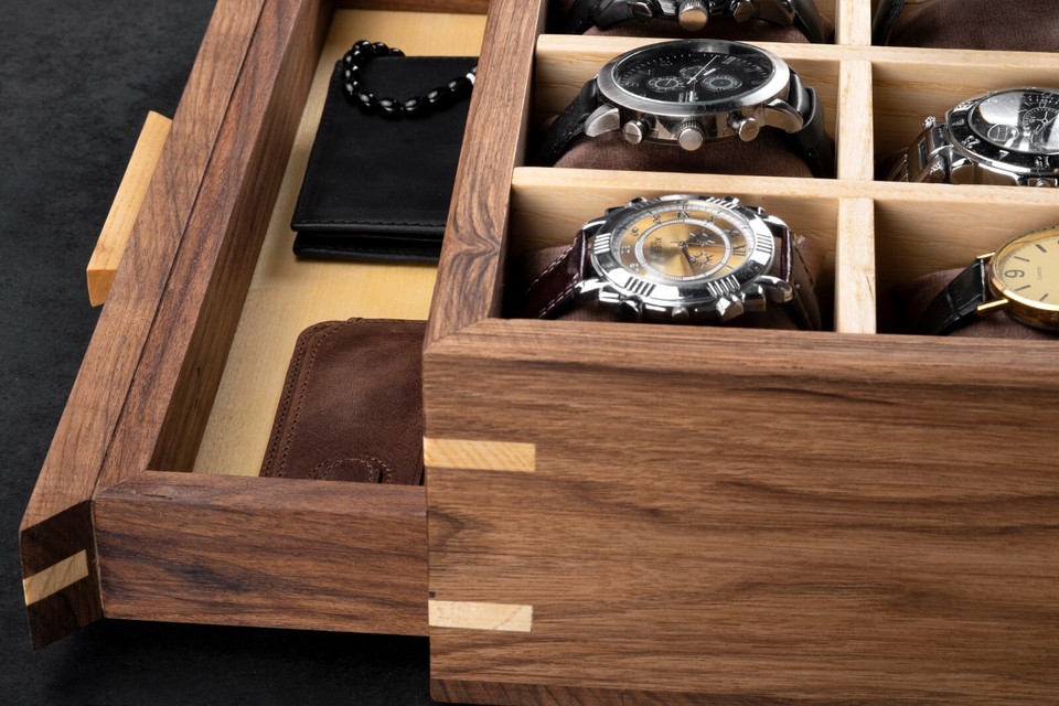 Walnut watch box with drawer, glass lid, engraved watch case, 8-10-12 ...