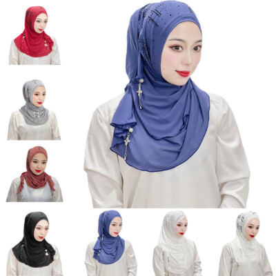 Dubai Rhinestone Headscarf Women Muslim Long Hijab Head Wrap Shawl ...