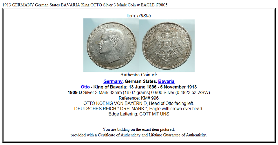 1909 GERMANY German States BAVARIA King OTTO Silver 3 Mark Coin w EAGLE ...