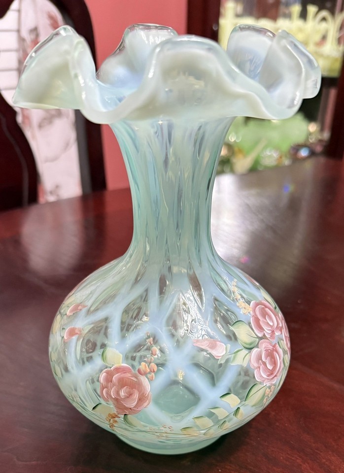Limited to 1996 ONLY...VHTF Fenton**HP BLUSH ROSE ON OPALINE ROSE ...