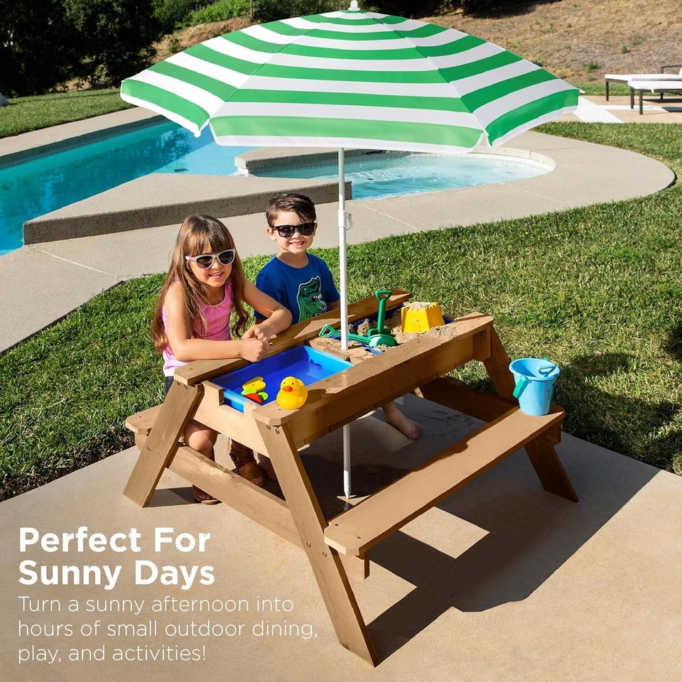 Kids 3-in-1 Sand & Water Table,Wood Convertible Picnic Table w/Umbrella ...