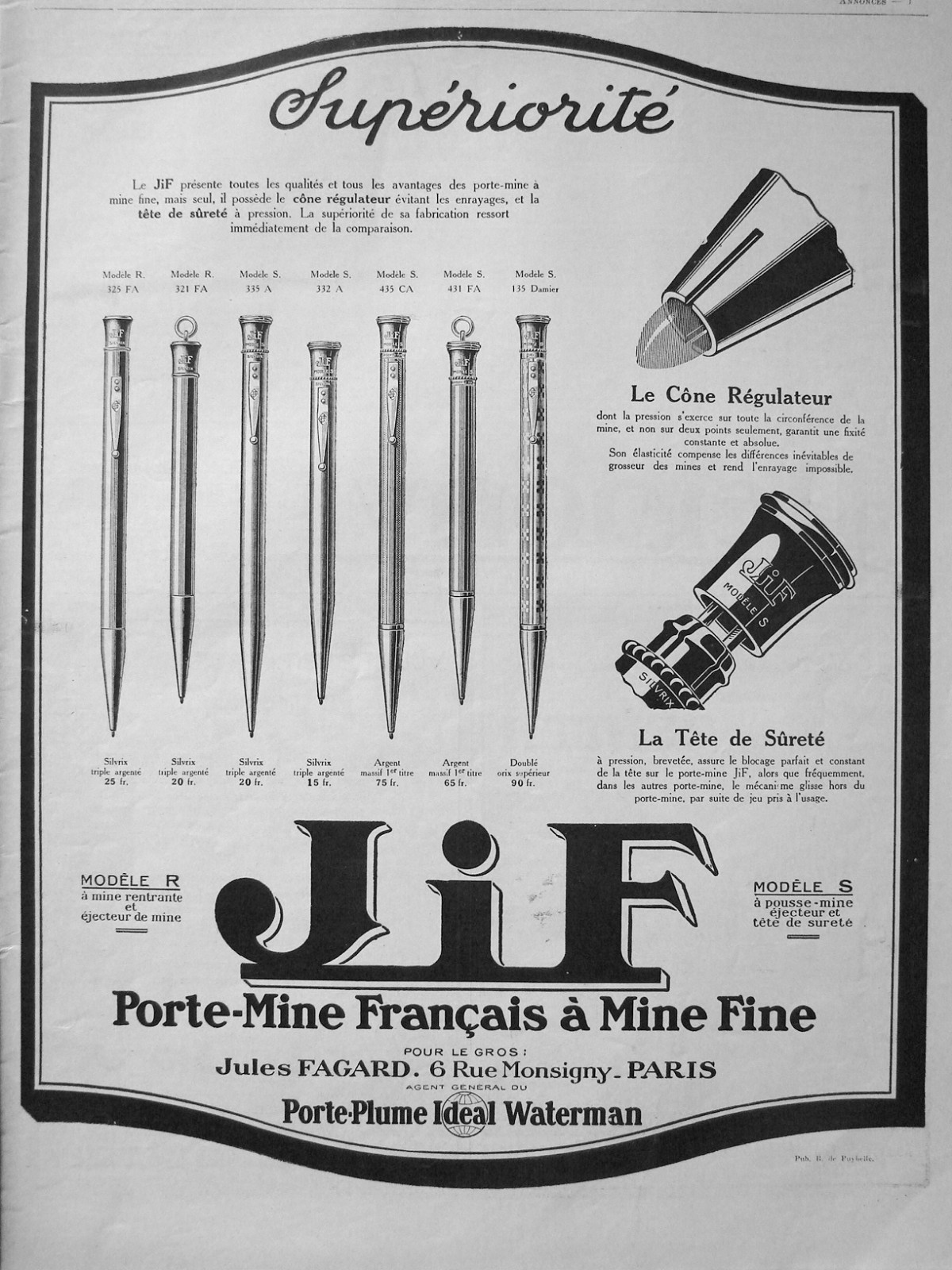 PUBLICITÉ DE PRESSE 1924 JIF PORTE-MINE FRANÇAIS A MINE FINE LE CÔNE ...