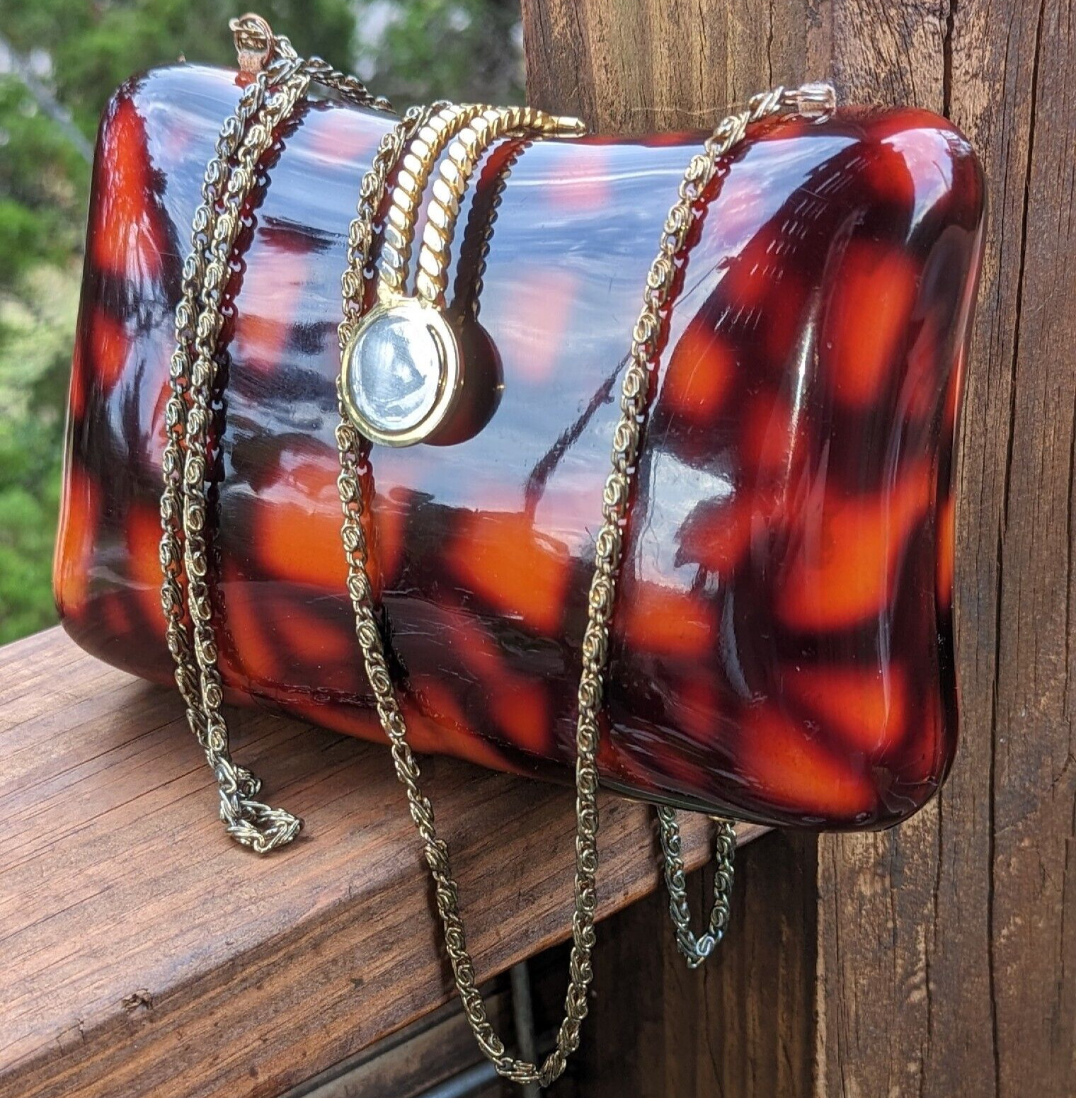 Vtg ELKA Faux Tortoise Shell Clamshell Box Purse Clut… - Gem