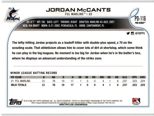 JORDAN MCCANTS 2022 Topps Pro Debut #PD-104 FCL Marlins | eBay