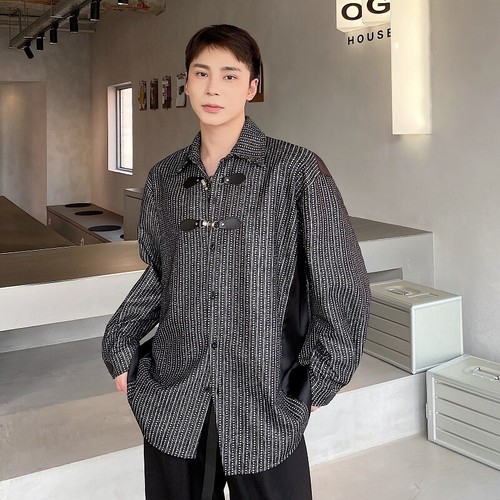 Men's Metal Buckle Collared Long Sleeve Shirts Nightclub Button Blouse ...
