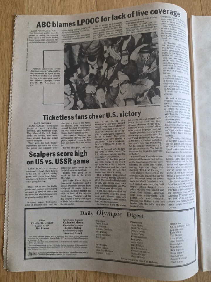 1980 Lake Placid Daily Olympic Digest Newspaper - USA Hockey - Miracle ...