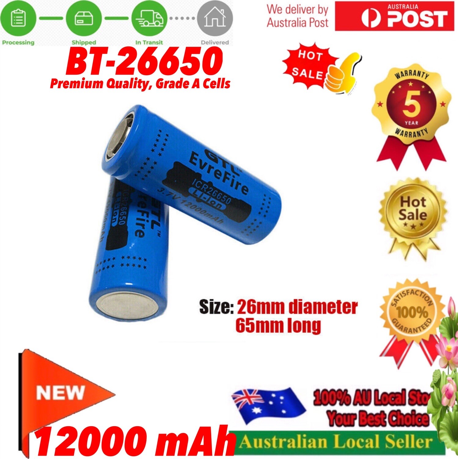 4x GTL 26650 3.7V 50A 12000mAh Battery For Toy Flashlight + Usb Smart ...