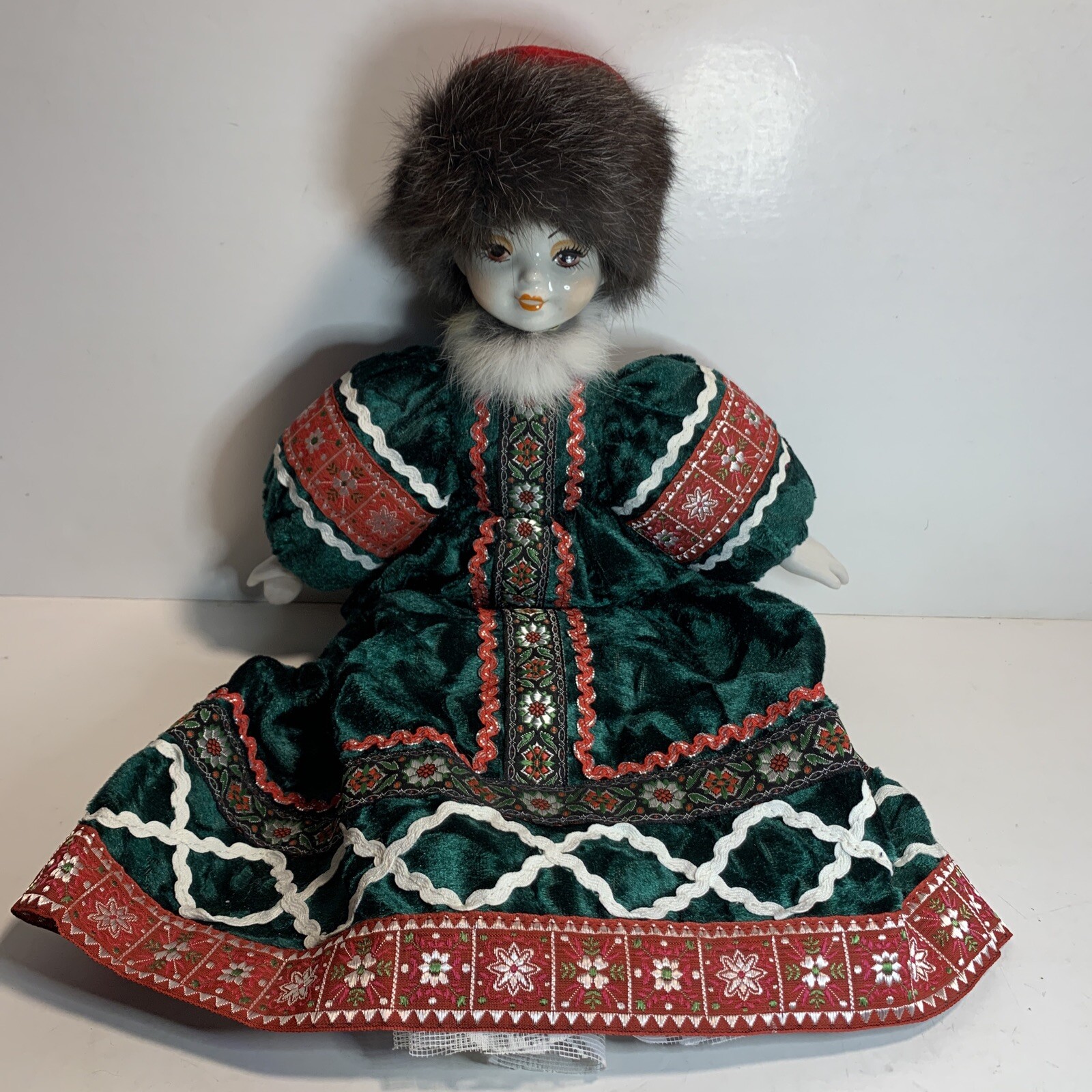 Vintage Russian Porcelain Doll Hand Painted w/Rabbit Fur Traditional ...