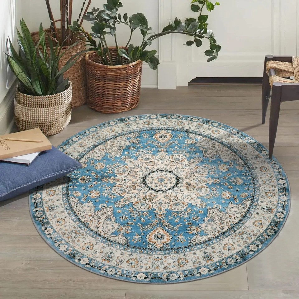 Oriental Floral Medallion Round Rug - 3Ft Blue Small Round Area Rug ...
