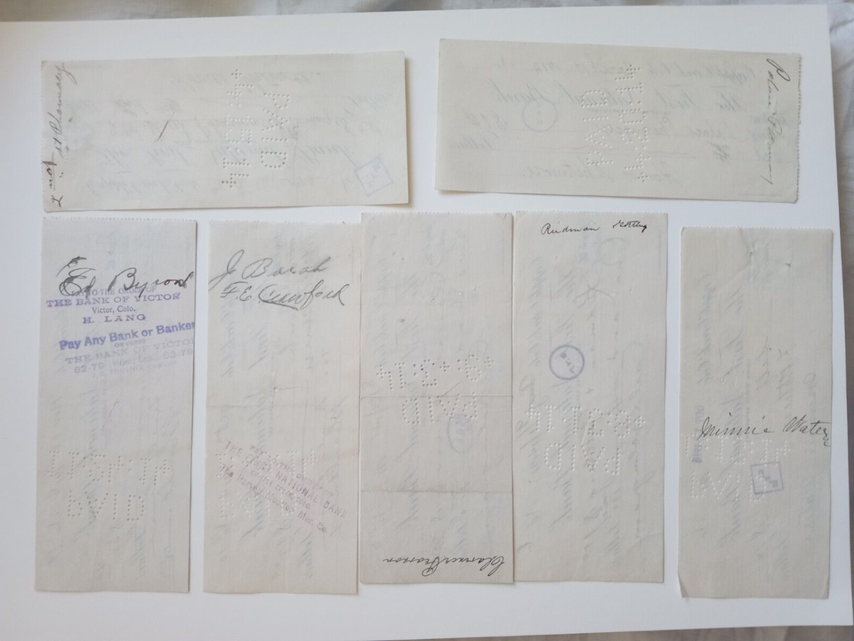 7 CRIPPLE CREEK COLORADO FIRST NATIONAL BANK CHECKS 1914 SILVER GOLD ...