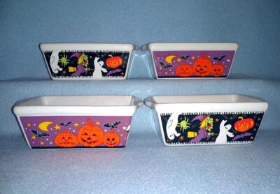 Michaels Holloween 4 Mini Loaf Pans 2 Designs Stoneware | eBay