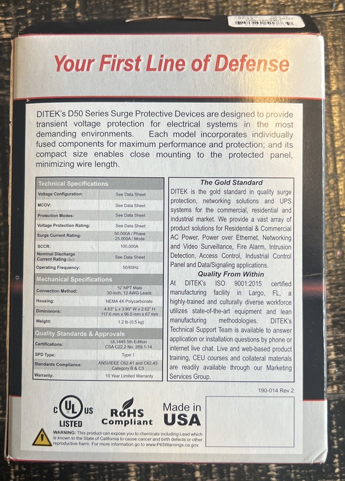 DITEK D50-120/2401 120/240VAC Split Phase SPD Surge Protective Device ...