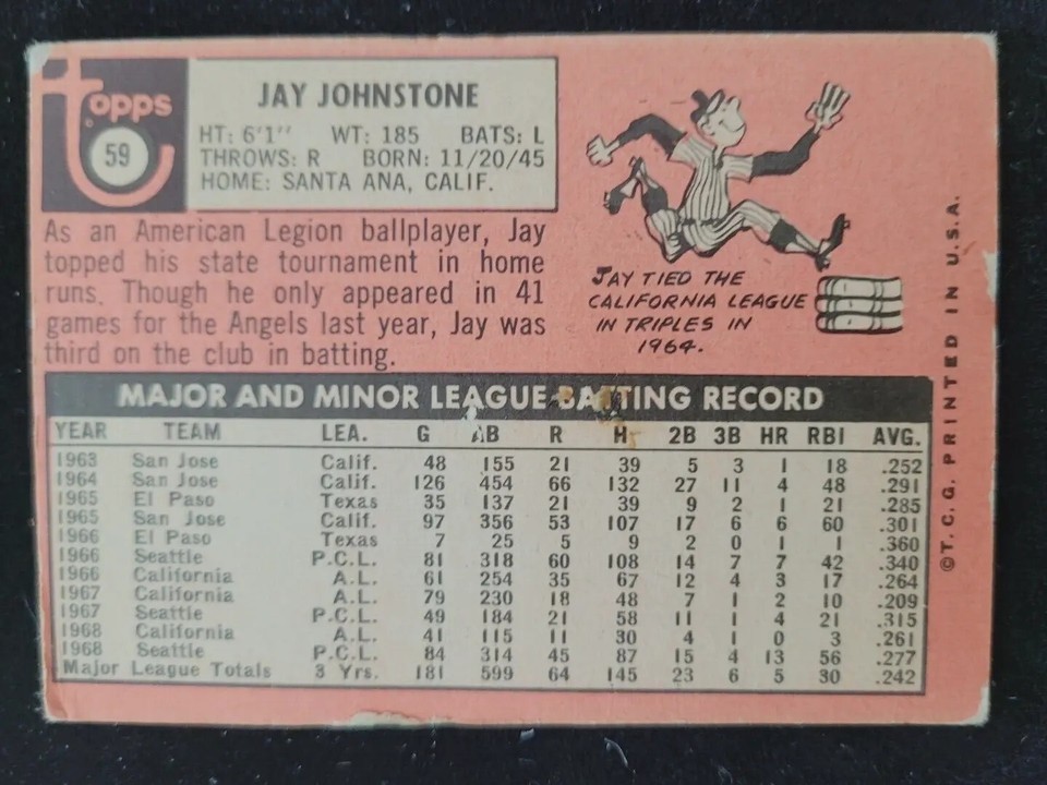 1969 TOPPS #59 JAY JOHNSTONE CALIFORNIA ANGELS VINTAGE CARD | eBay