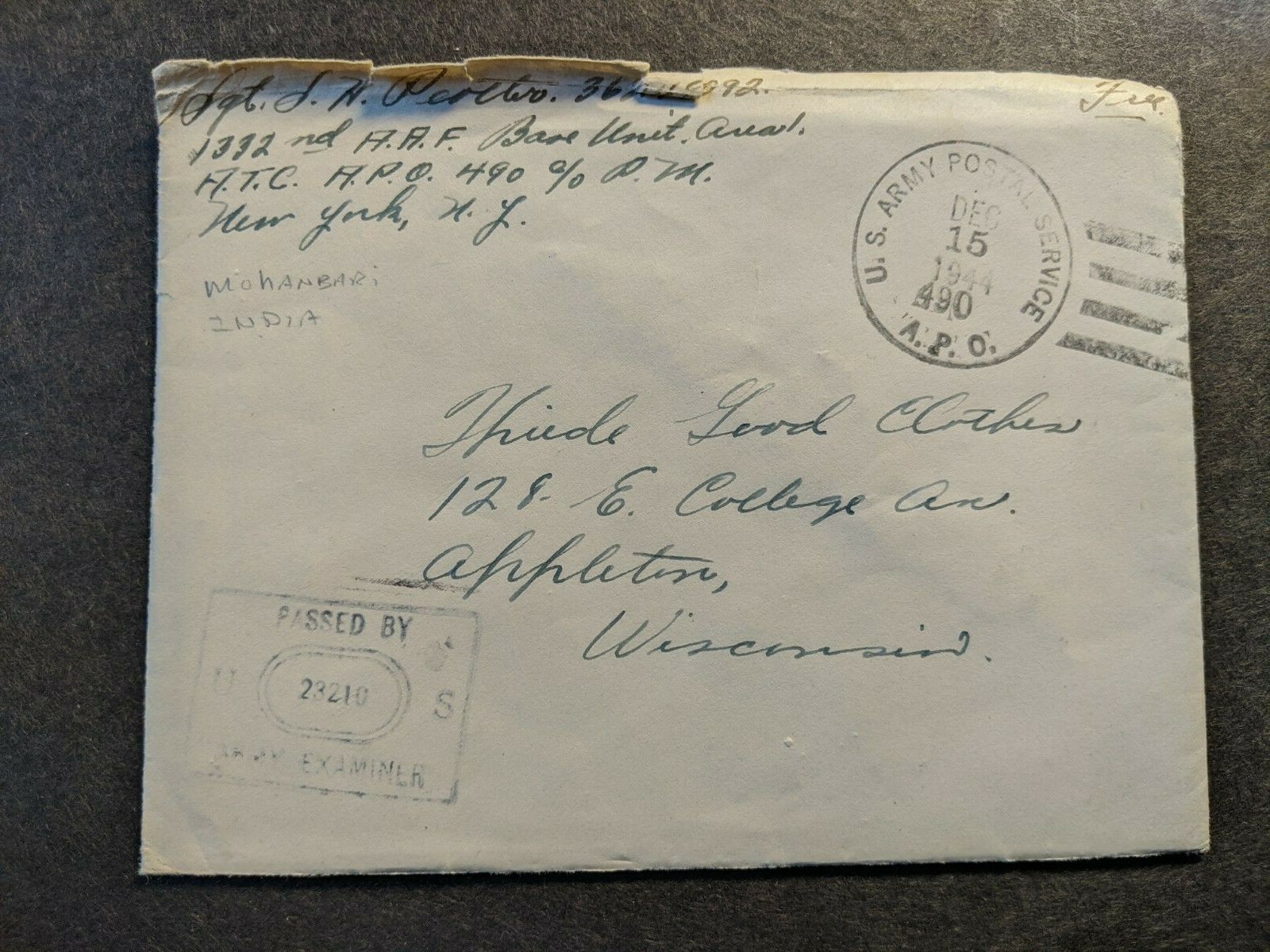 APO 490 MOHANBARI, INDIA 1944 WWII Army Cover 1332 AAFBU w/ Christmas ...