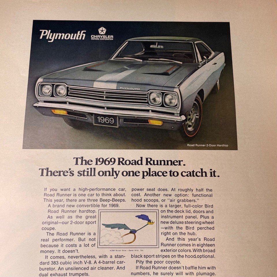 1968 Plymouth Road Runner Ad Full Page Print Vintage Original u 1969 ...
