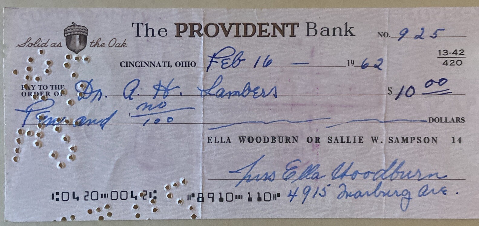 The Provident Bank of Cincinnati, Ohio (1962) Bank Check #925 ($10.00 ...