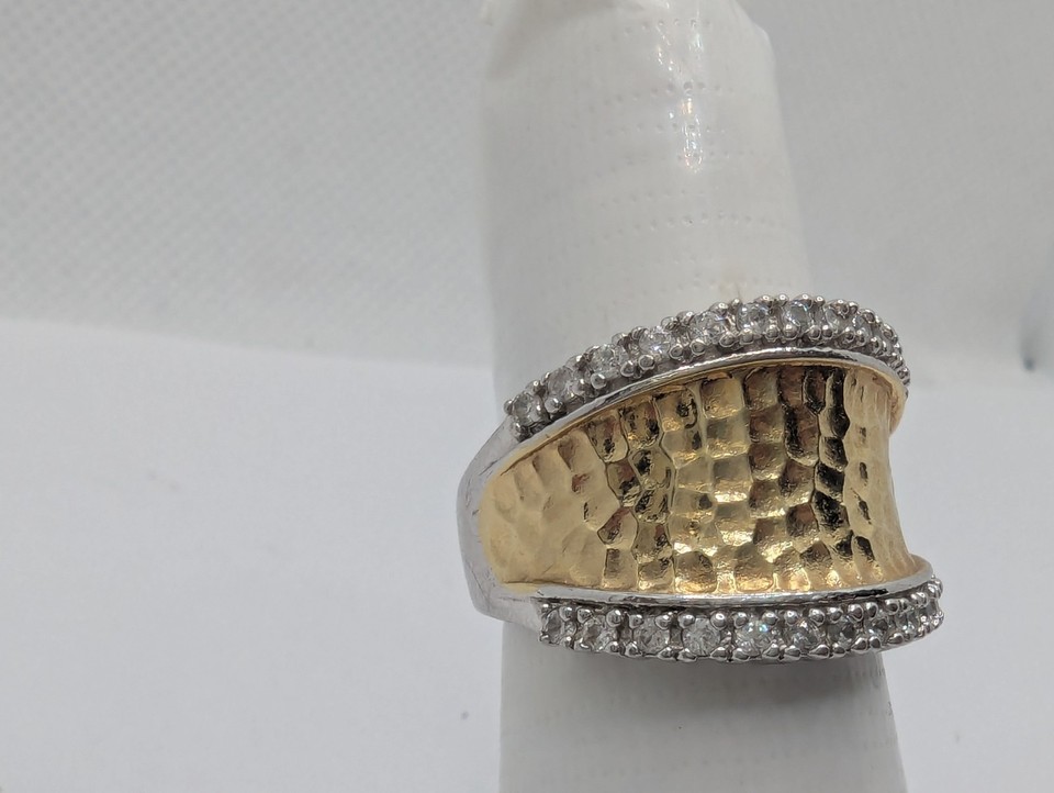 ESPO Two tone Sterling Silver 925 Cubic Zirconia Hammered Cigar Band Ring 5.75 | eBay