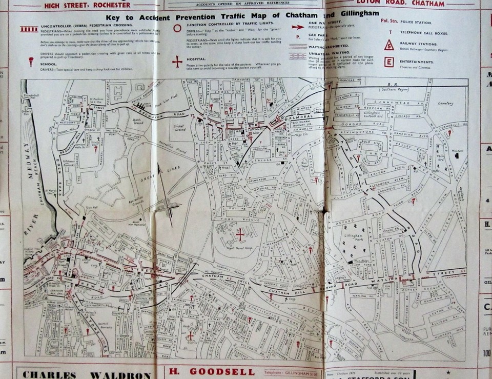 1952 Accident Prevention Traffic Map Chatham Gillingham Kent Road ...