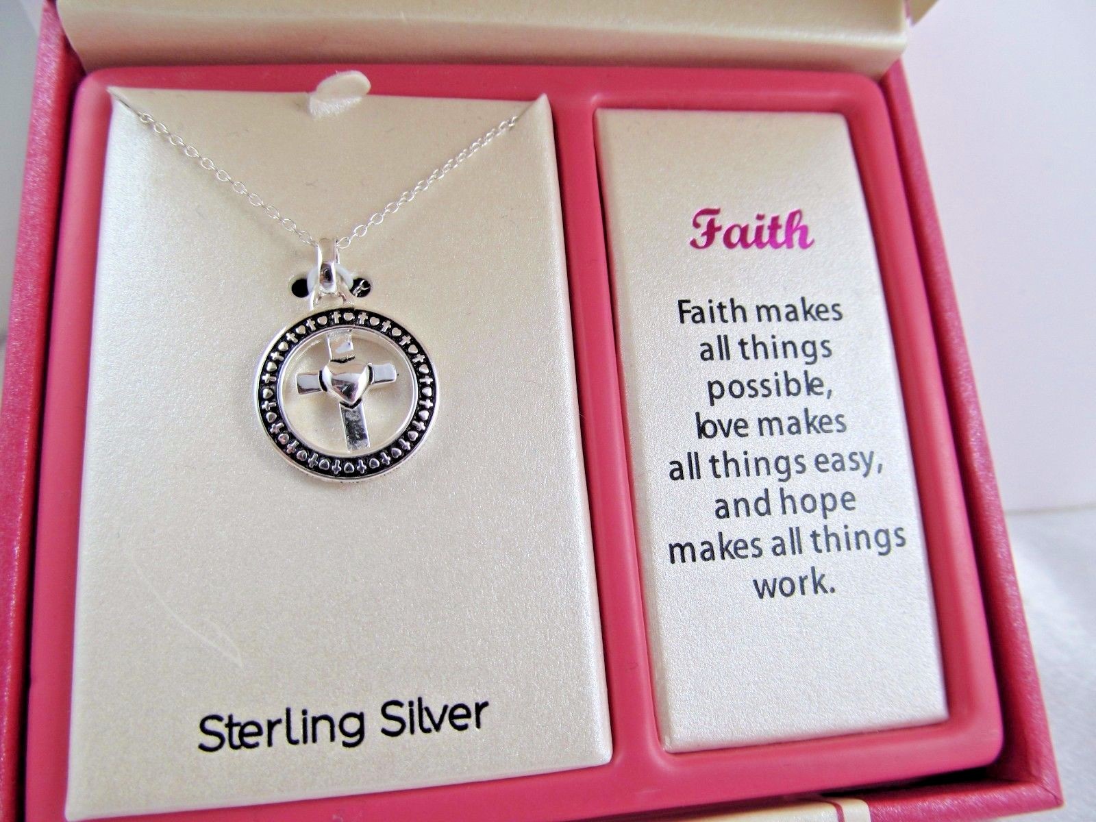 NIB FOOTNOTES STERLING SILVER CROSS & HEART NECKLACE, Faith, Inscribed ...