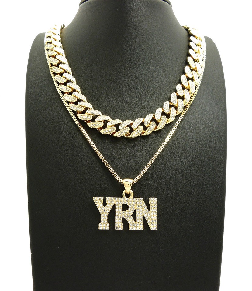 NEW HIP HOP FULL ICE MIGOS 20" ICED CUBAN CHAIN & YRN CHAIN SET GOLD ...