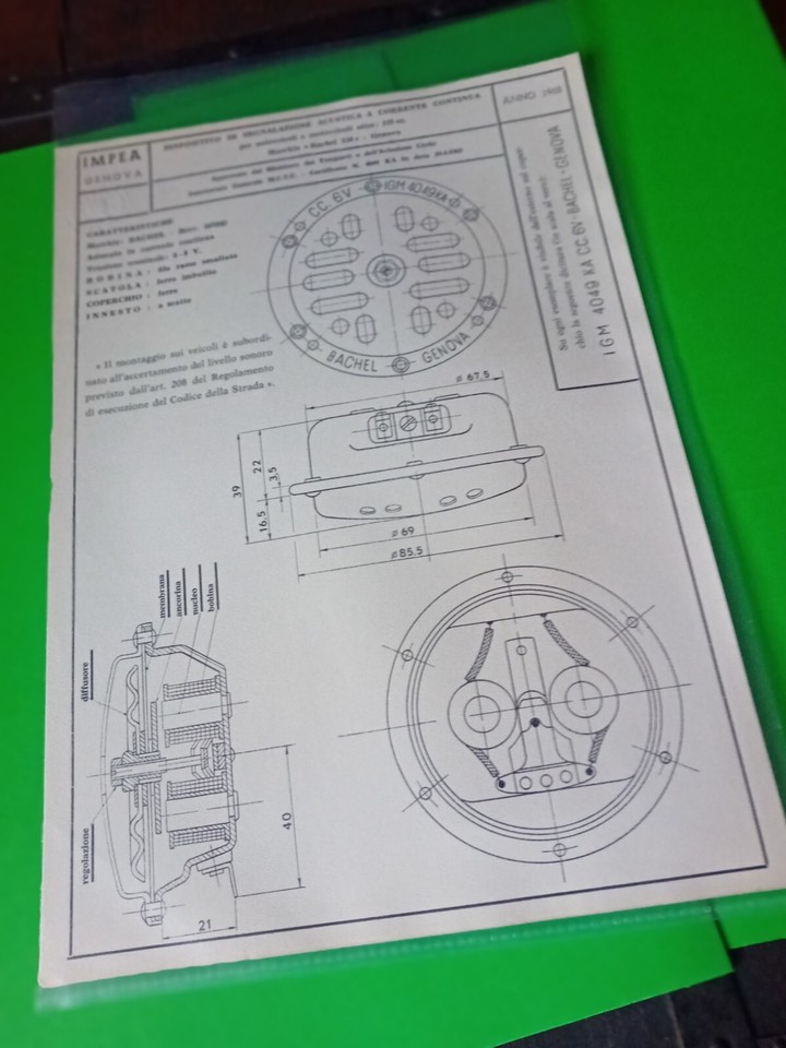 Homologation card horn IMPEA BACHEL 150 VESPA 125 150 ERA 1965 | eBay UK