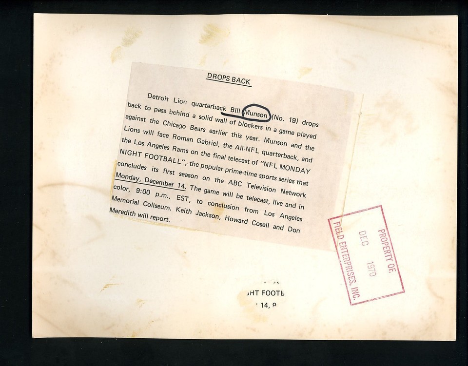 Monday Night Football 1970 Press Photo Bill Munson Detroit Lions vs LA ...