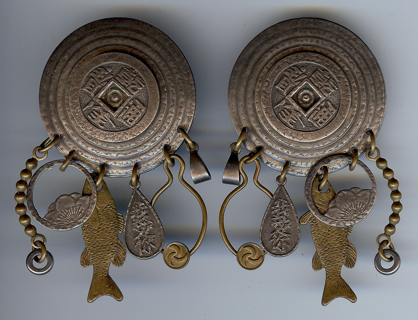 MARJORIE BAER LARGE VINTAGE SILVER & BRASS DANGLE FIS… - Gem