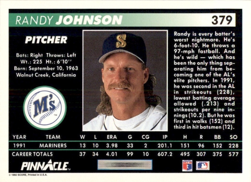 1992 Pinnacle Randy Johnson Seattle Mariners #379 Baseball Card | eBay