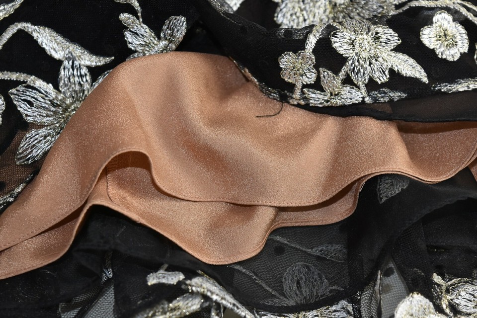 $1095 NEW Marchesa Notte Sheer Sleeve Gold Embroidered Gown Black Dress ...