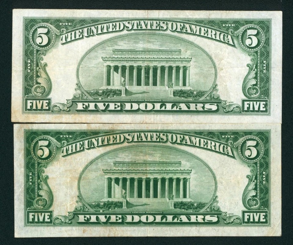 (( TWO NOTES )) $5 1928 / 1934 Silver Certificate / United States Note ...