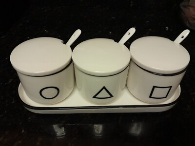 Set of 3 Porcelain Condiment Jar w/Tray Seasoning Box Sugar Bowl ...