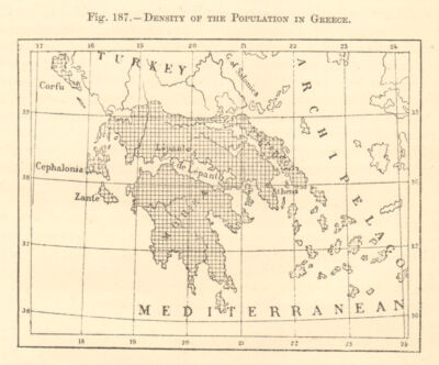 Density of the population in Greece. Sketch map 1886 old antique chart ...