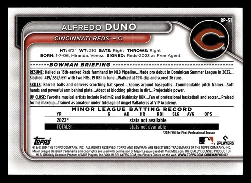 Alfredo Duno 2024 Bowman Prospect #BP-51 Cincinnati Reds Rookie RC *017 ...