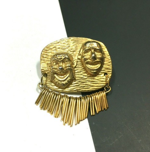 Vintage Theater Mask Brooch Gold Comedy Tragedy Dangles Repousse Faces ...