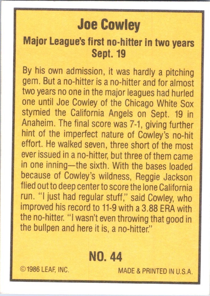 1986 DONRUSS HIGHLIGHTS JOE COWLEY CHICAGO WHITE SOX #44 | eBay