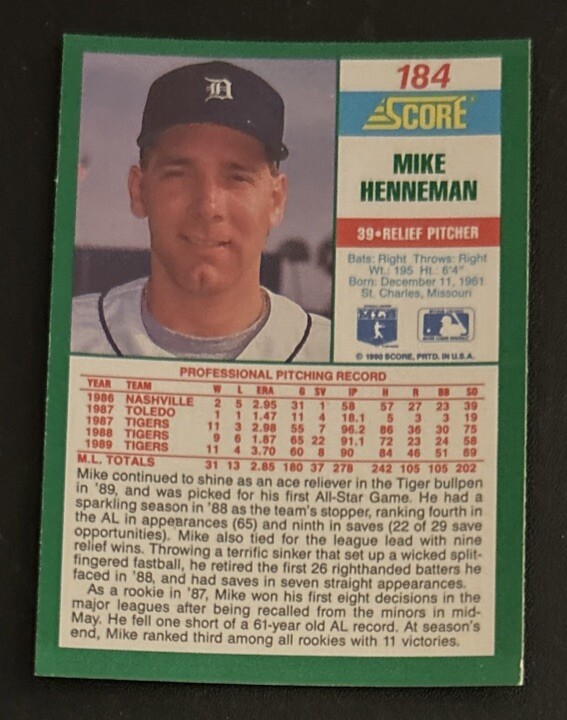 1990 Score Mike Henneman Baseball Card 184 Tigers Pitcher Poor Paper ...