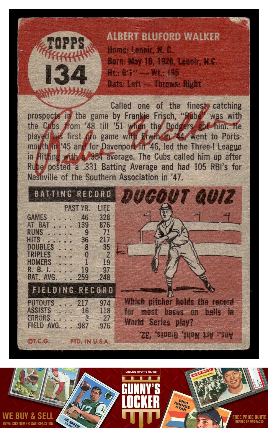 1953 Topps Rube Walker 134 Brooklyn Dodgers | eBay