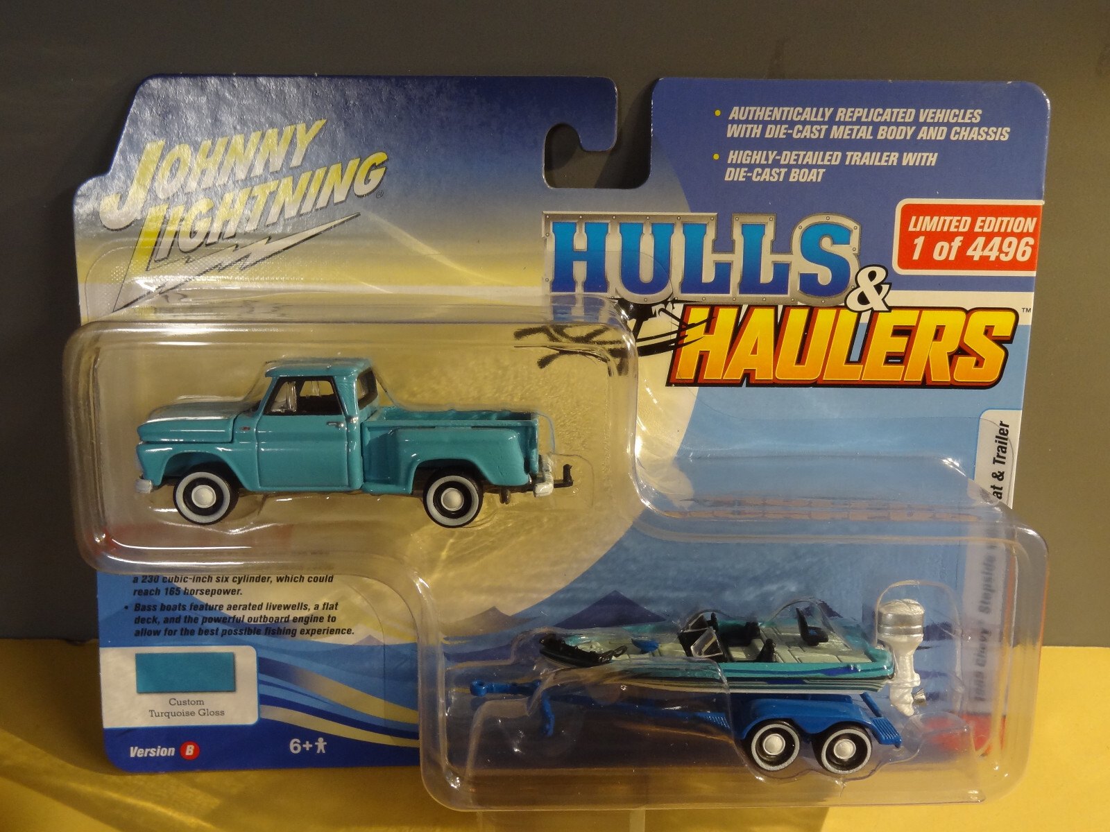JOHNNY LIGHTNING - BLUE - 1965 CHEVY STEPSIDE WITH BASS BOAT & TRAILER ...
