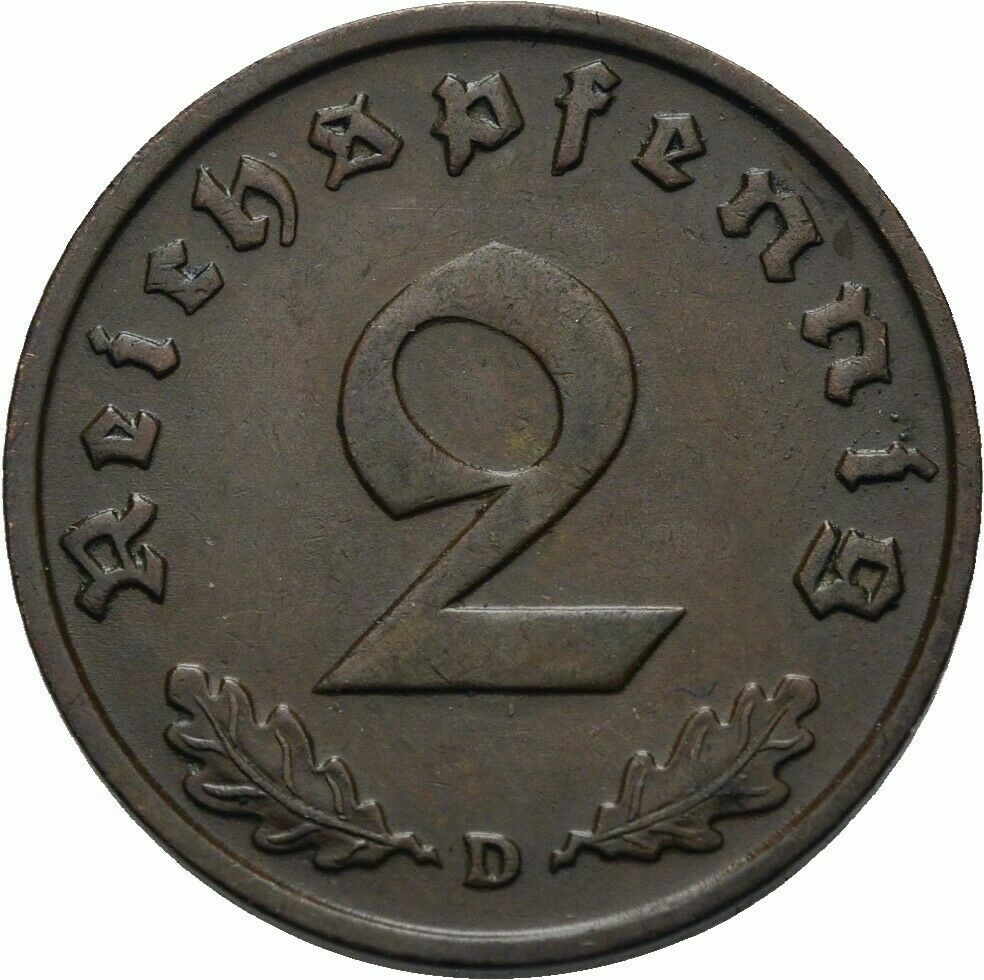 2 REICHSPFENNIG MÜNZE + BRIEFMARKE ADOLF HITLER - WK II. - DEUTSCHES ...