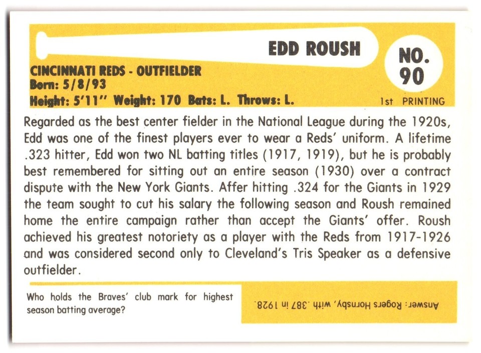 Edd Roush 1980 TCLM Baseball Immortals Trading Card #90 | eBay