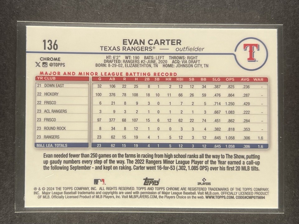 2024 Topps Chrome X-Fractor #136 Evan Carter RC Rookie Refractor Texas ...