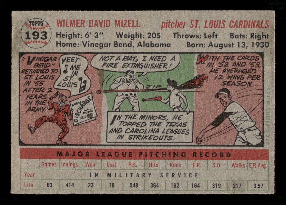 1956 Topps #193 Wilmer Mizell St. Louis Cardinals VG EB62524 | eBay