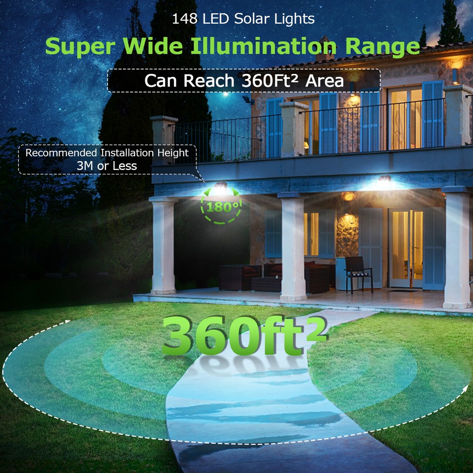 4Pack CLAONER Solar Power 148 LED Lights PIR Motion Sensor Outdoor ...