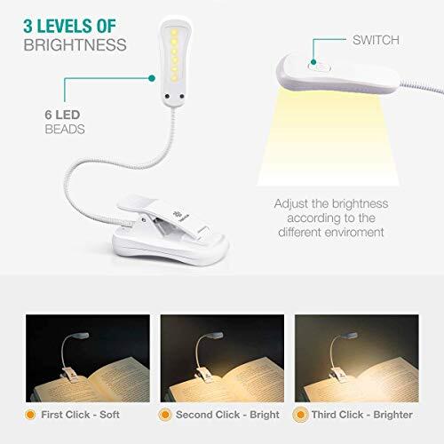 3000K Warm LED Rechargeable Book Light Easy for Eyes Clip on Reading ...