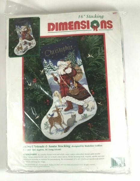 Dimensions 9097 Animal Friends & Santa Needlepoint Stocking Kit for ...