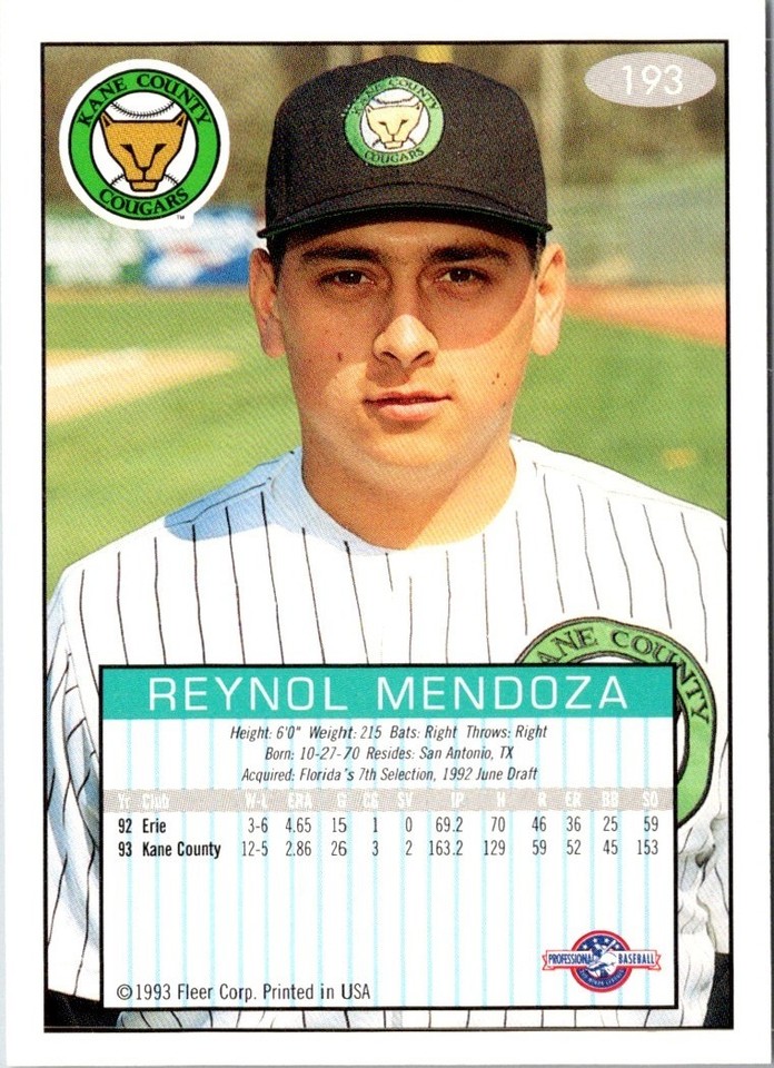 1993 Fleer Excel Reynol Mendoza #193 Kane County Cougars Baseball Card ...