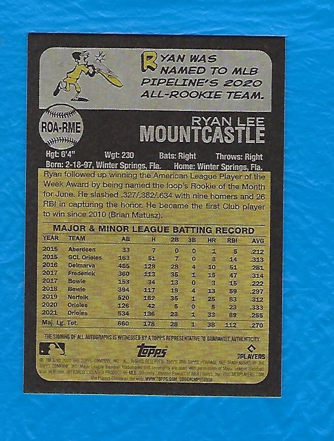 RYAN MOUNTCASTLE AUTOGRAPH 2022 TOPPS HERITAGE REAL ONE AUTOGRAPHS ...