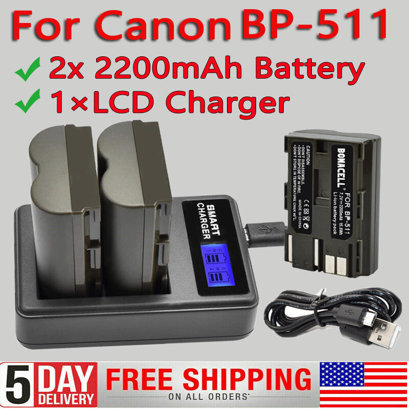 2Pack BP-511 Battery + LCD Charger for Canon EOS 5D 10D 20D 20Da 300D ...