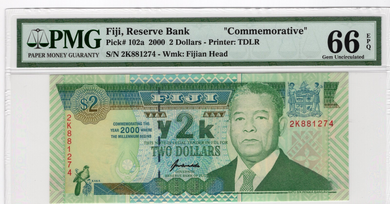 Fiji 2000 2 Dollars PMG Certified Banknote UNC 66 EPQ Pick 102a ...