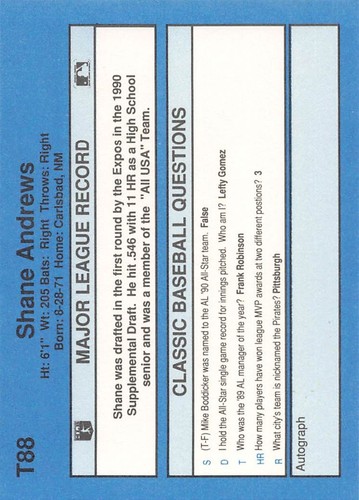 Shane Andrews 1990 Classic Yellow T88 Montreal Expos Baseball Card | eBay